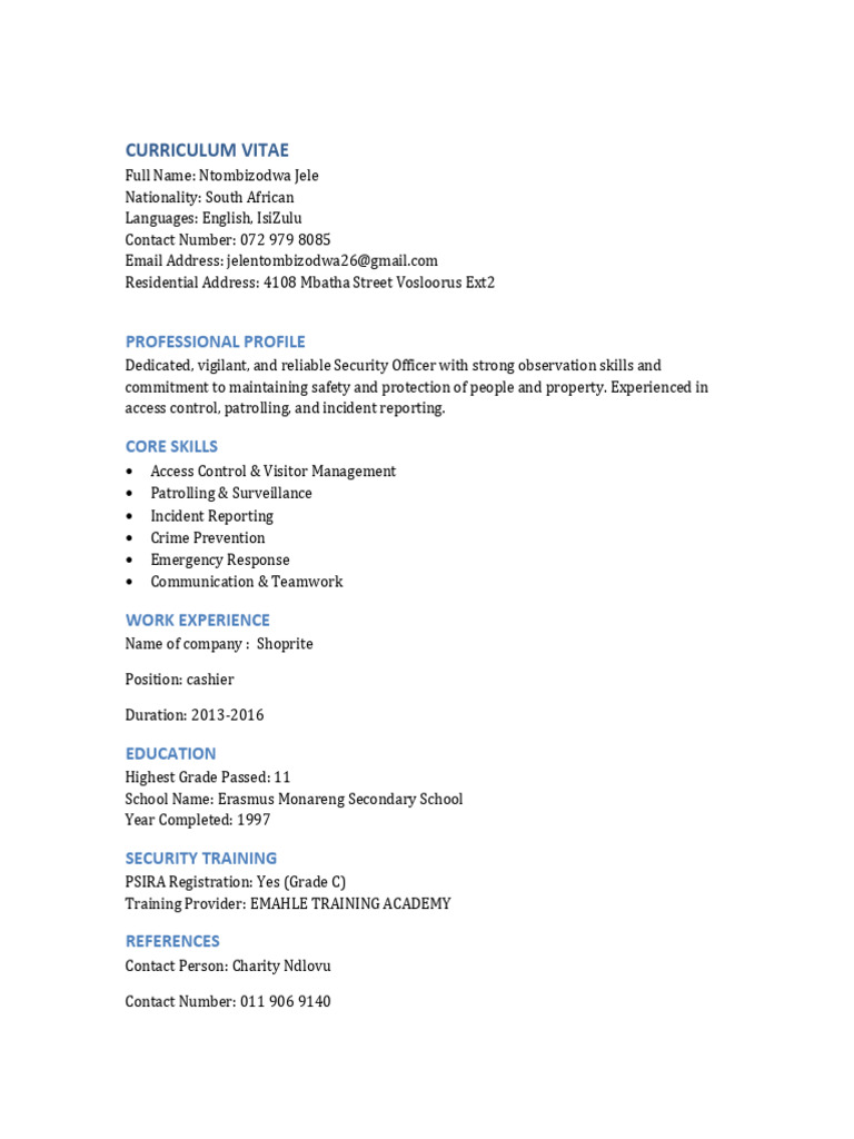 Security Officer CV - Ntombizodwa Jele | PDF