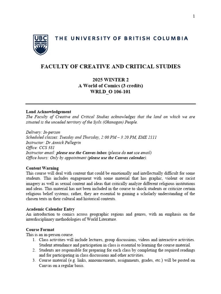 WRLD_O 106-101 Syllabus W2 2025 | PDF | Academic Integrity | Comics
