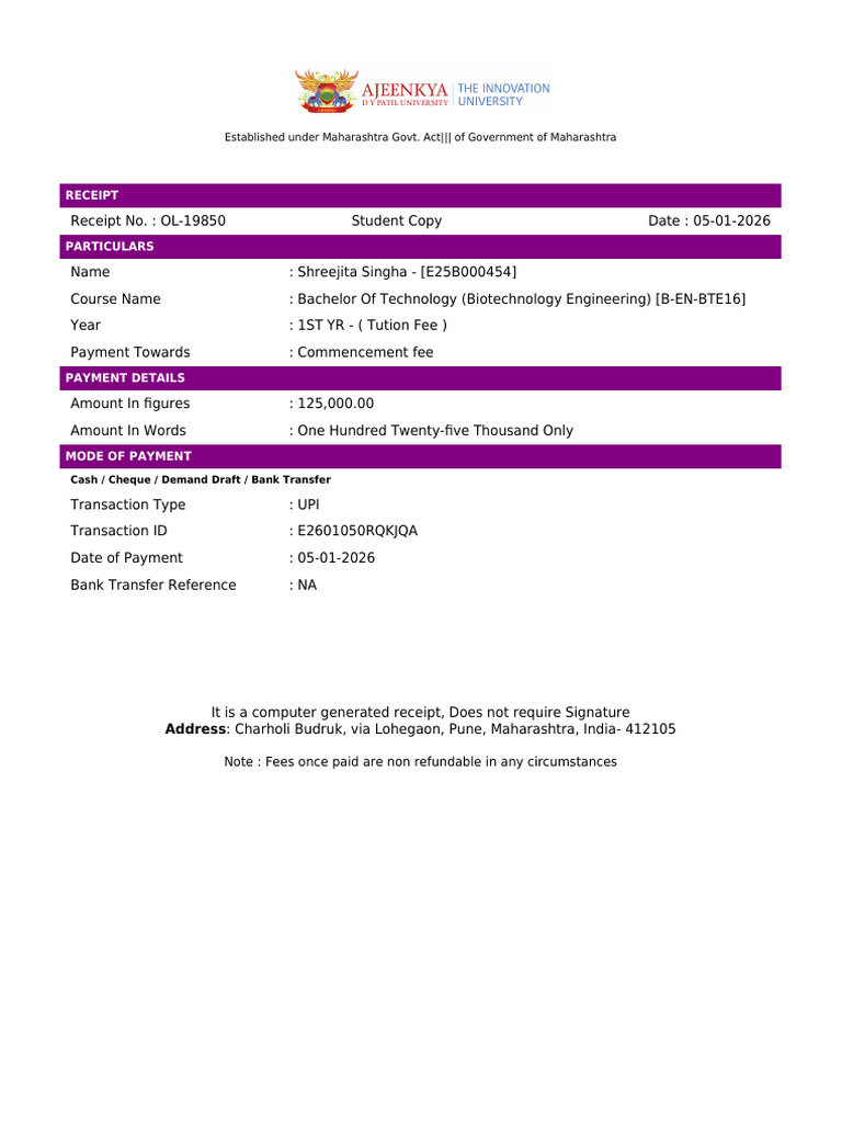 B.Tech Biotechnology Fee Receipt 2026 | PDF
