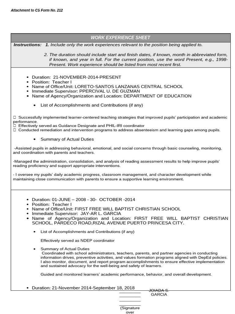 Work Experience Sheet for Teachers | PDF | Teachers | Classroom Management