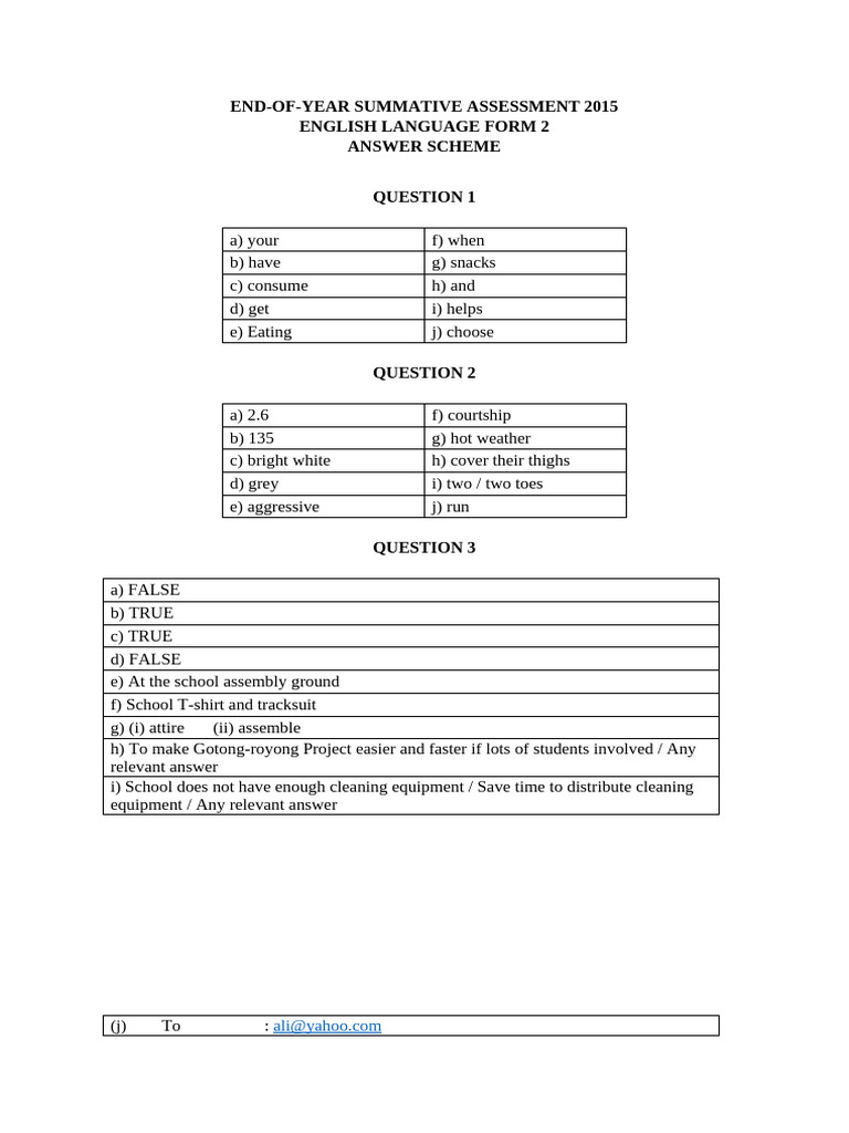 English Form 2 End-Of-year Assessment Answer Scheme | PDF