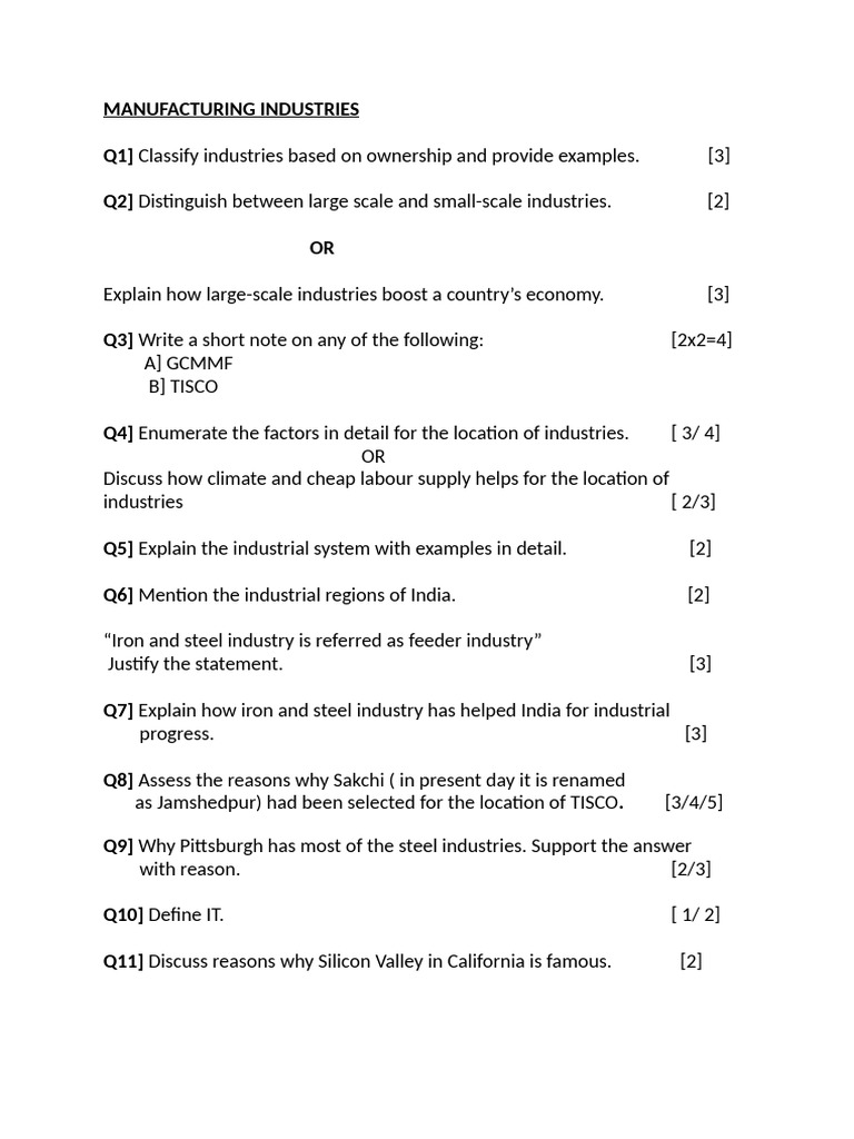 Grade 8 Practise Questions -Manufacturing Industries | PDF