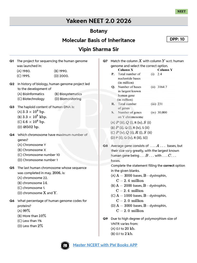 Molecular Basis of Inheritance DPP 10 [of Lec 16] Botany B | PDF ...