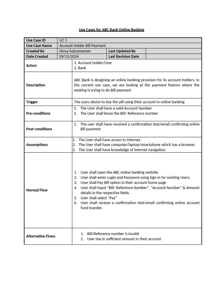 Use Cases for ABC Bank Online Banking Example | PDF