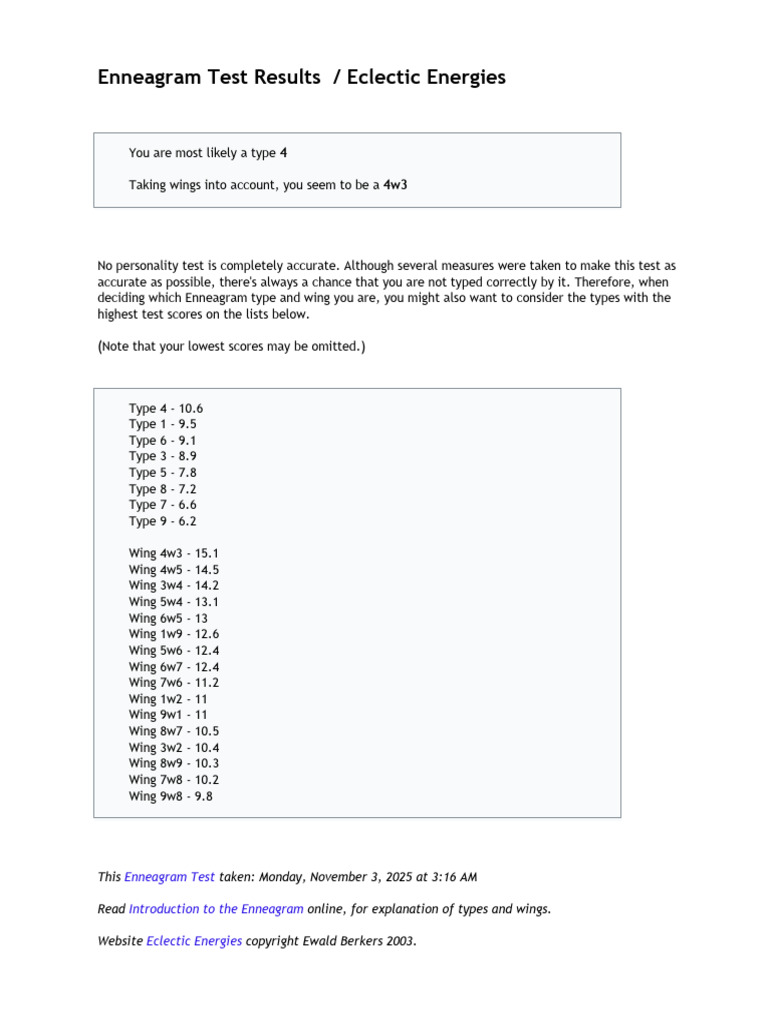 Enneagram Type 4 Test Results | PDF