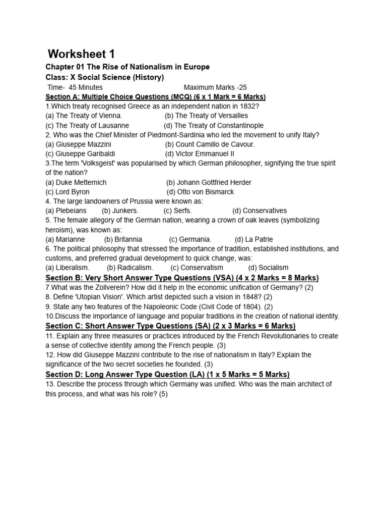 Worksheet 1 Class X Social Science | PDF