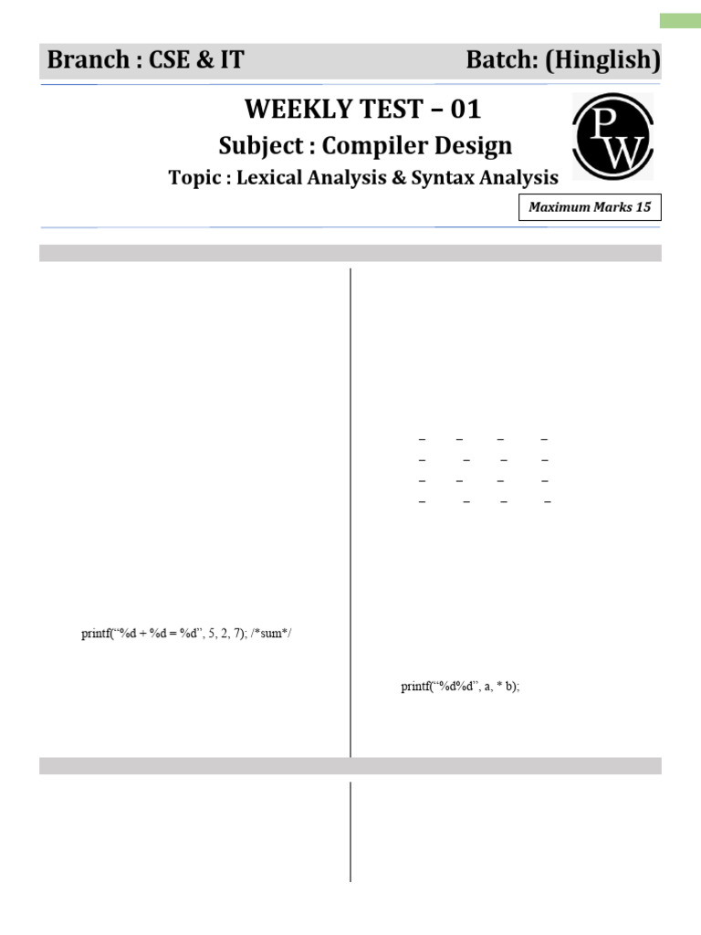 Compiler Design Weekly Test: Lexical & Syntax Analysis | PDF | Parsing ...