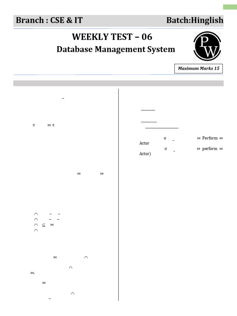 Database Management System _ Weekly Test 06 - Test Paper | PDF | Data ...