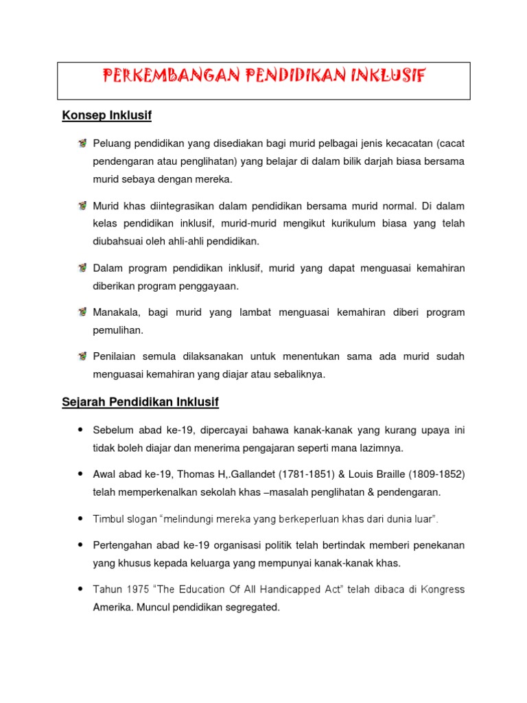 Perkembangan Pendidikan Inklusif (Nota) | PDF