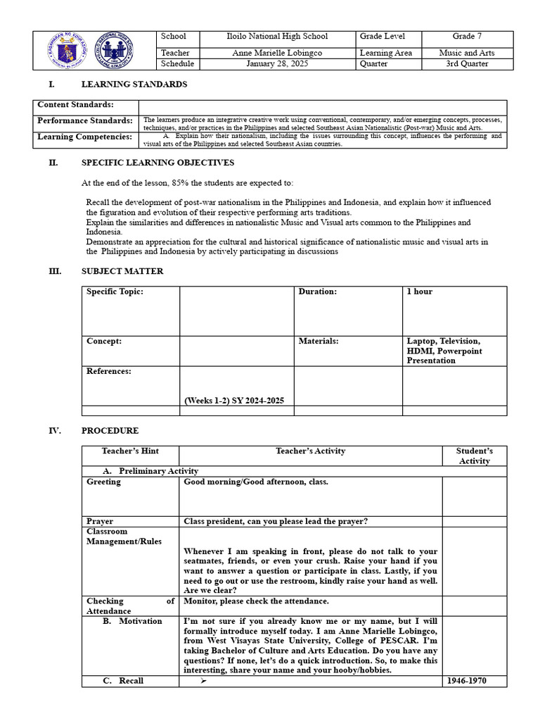 Music and Arts Lesson Plan 1 - 3rd Quarter | PDF | Tempo | Musicology