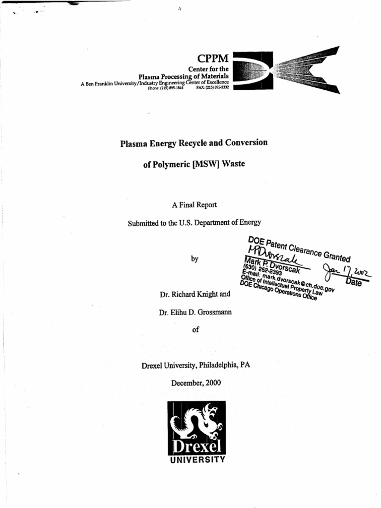 Plasma Energy Recycle and Conversion Polymeric (MSW) Waste: Center For ...