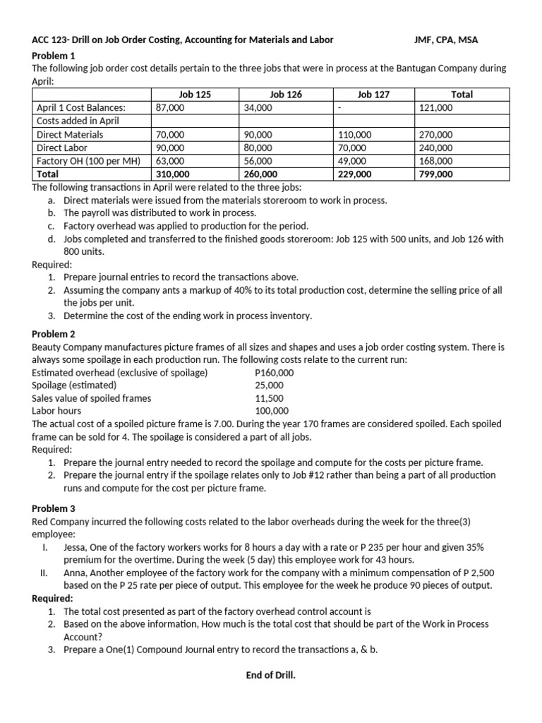 Job Order Costing Analysis and Journal Entries | PDF | Employment | Cost