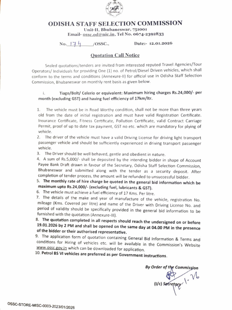 Quotation Call Notice For Hiring A Vehicle | PDF