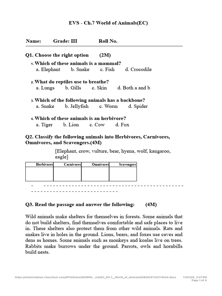 EC_CH.7__World_of_AnimalsG3$20251124114544.docx | PDF | Zoology | Biology
