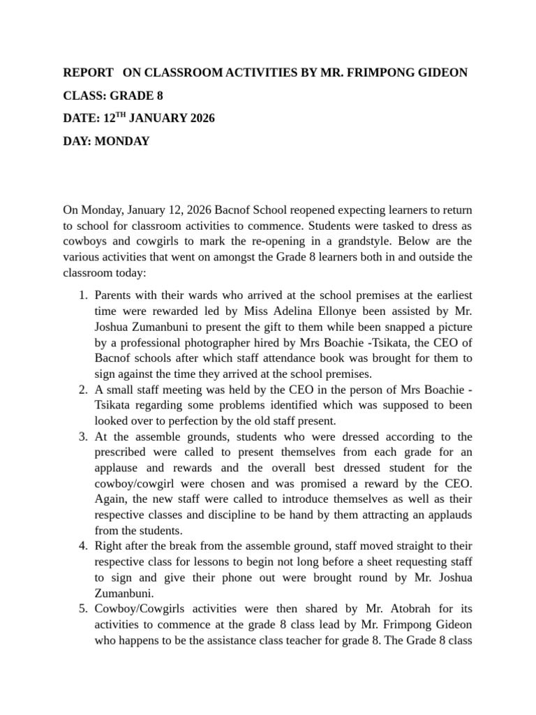 Grade 8 Classroom Activities Report | PDF | Cowboys | Learning