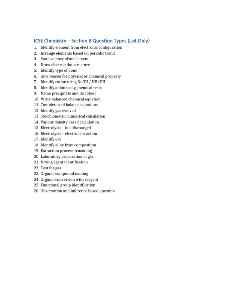 ICSE Chemistry SectionB Question Types List (1) | PDF