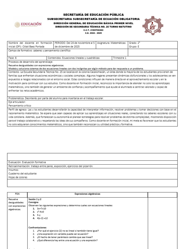 Planeación 2do | PDF | Ecuaciones | Desigualdad (Matemáticas)