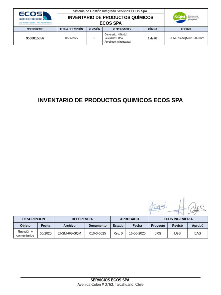 EI-SM-RG-SQM-010!0!0625 - Inventario de Productos Quimicos ECOS SpA[1] | PDF | Sustancias químicas