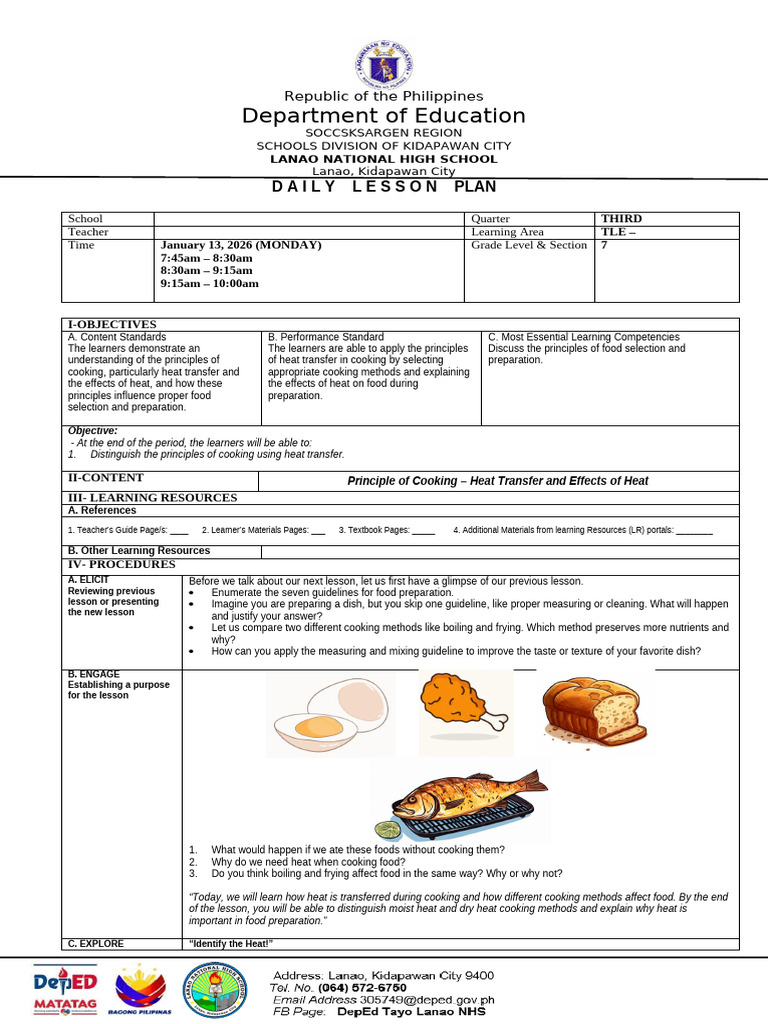 TLE Lesson Plan: Cooking Heat Transfer | PDF | Cooking | Grilling