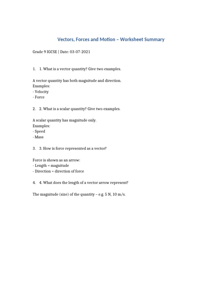 Vectors and Forces Worksheet Summary | PDF