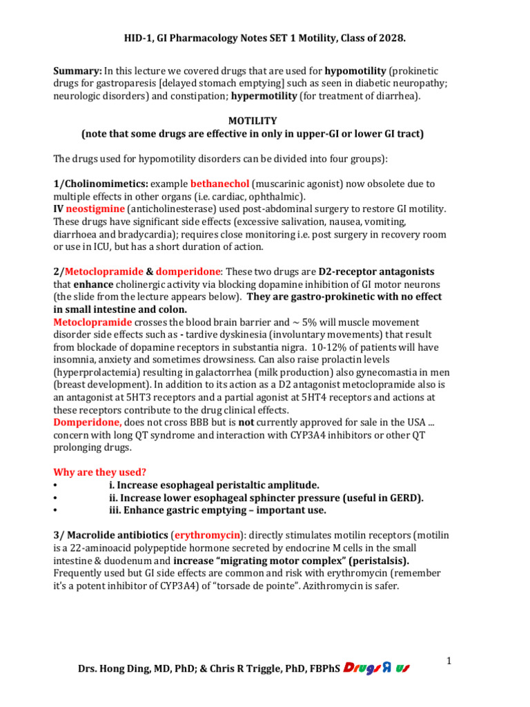 GI Pharmacology Motility Notes Class 2028 | PDF | Drugs | Gastroenterology