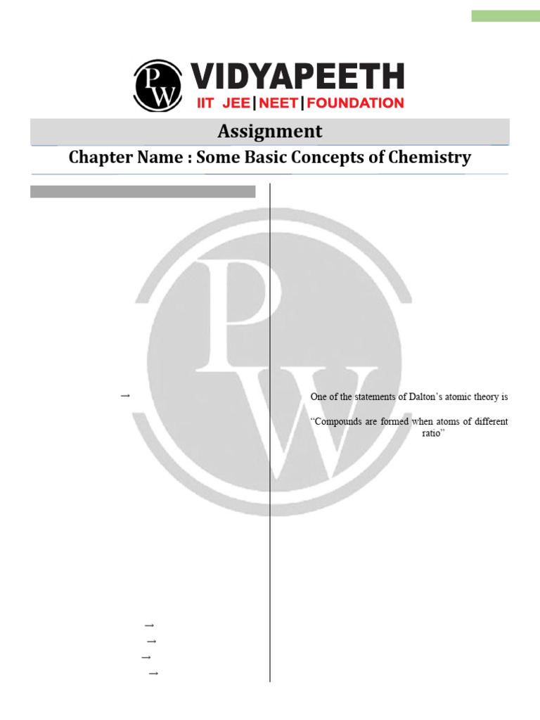 Assignment 01 Some Basic Concepts of Chemistry XIIth NEET Chemistry (1) | PDF | Chemical ...
