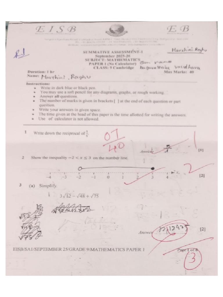 MATH - (No Calculator) | PDF
