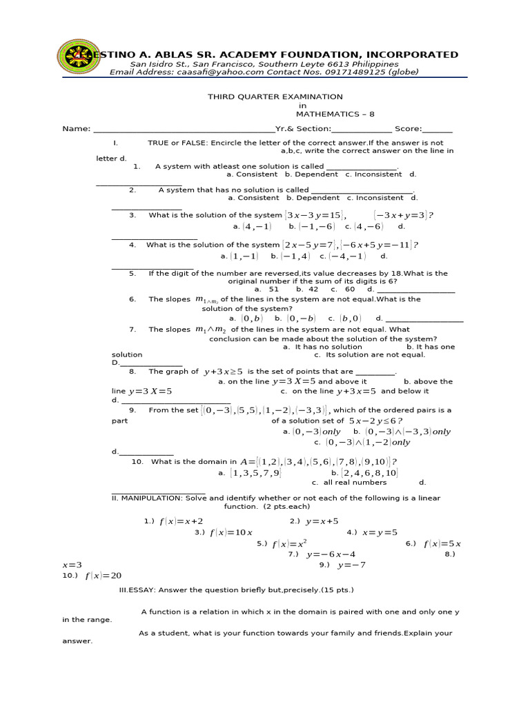 Math 8 Third Quarter Exam Template | PDF | Mathematical Concepts ...