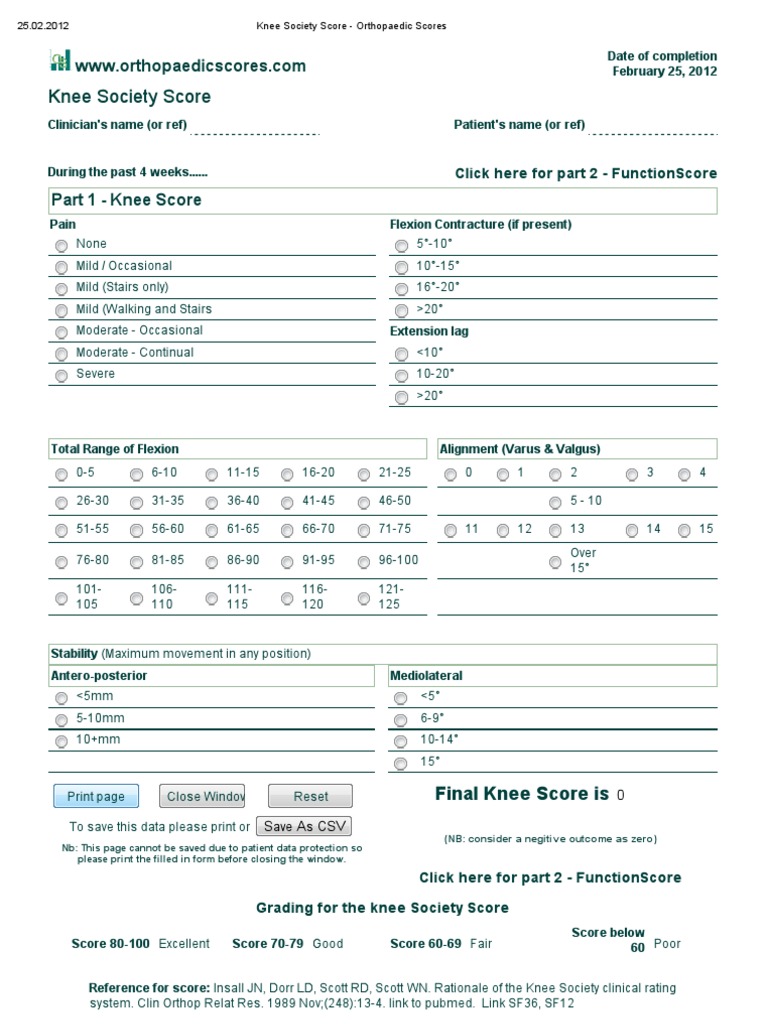 Knee Society Score - Orthopaedic Scores | PDF