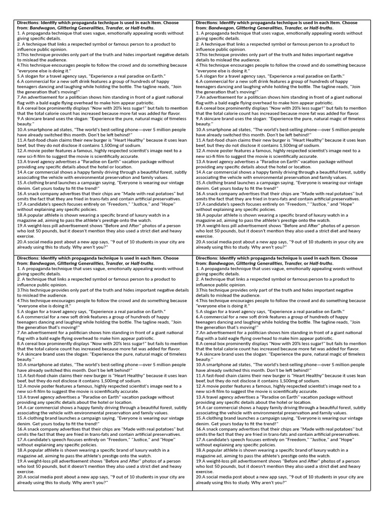 Propaganda Techniques Quiz | PDF | Propaganda