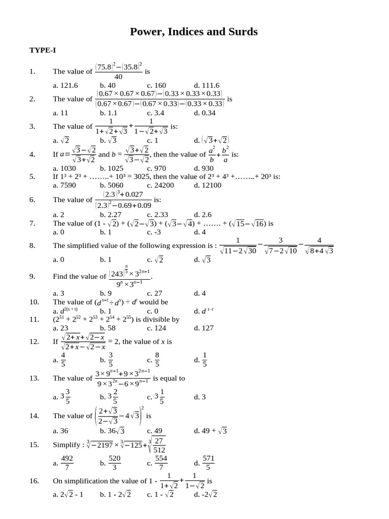 Power, Indices, and Surds Problems | PDF | Number Theory | Arithmetic
