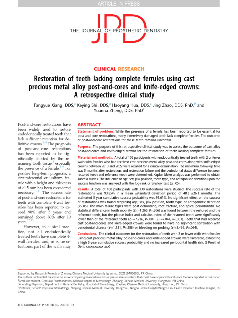 Xiang 2024 Restoration of Teeth Lacking Complete Ferrules Using Cast ...