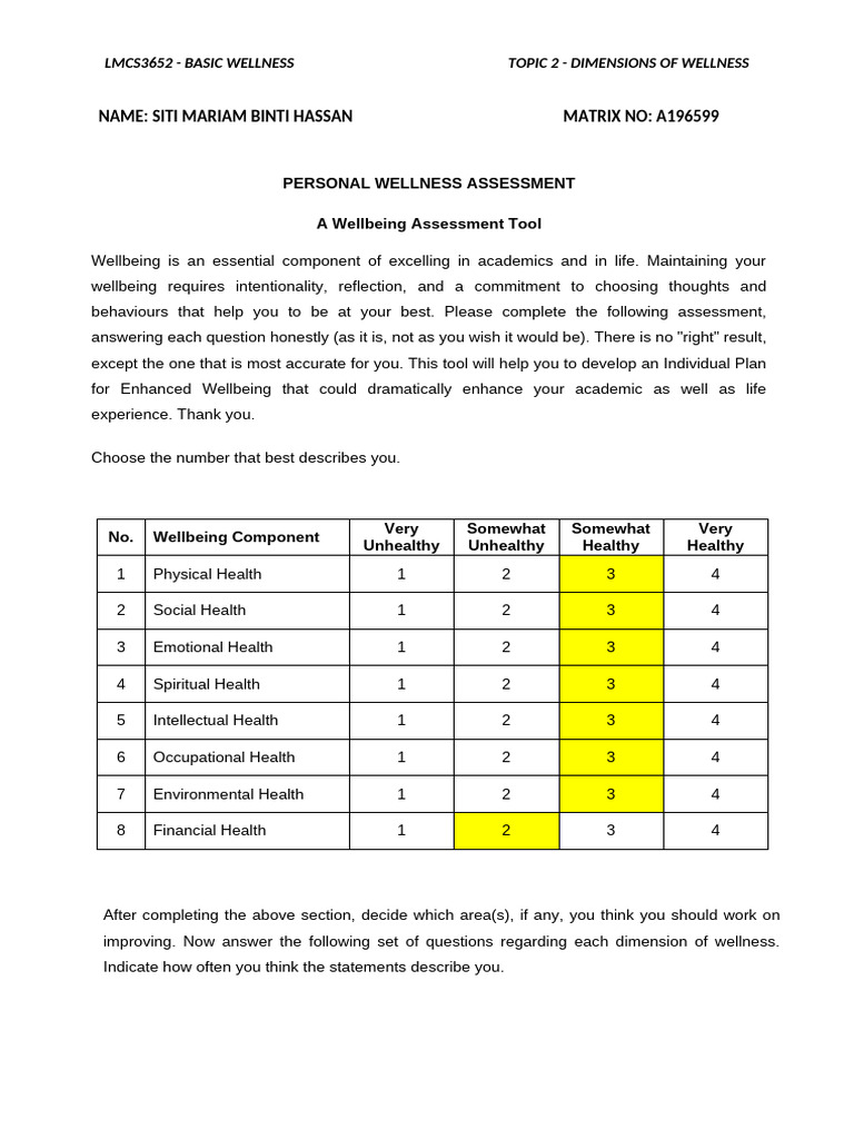 Personal Wellness Assessment Tool | PDF | Well Being | Strength Training