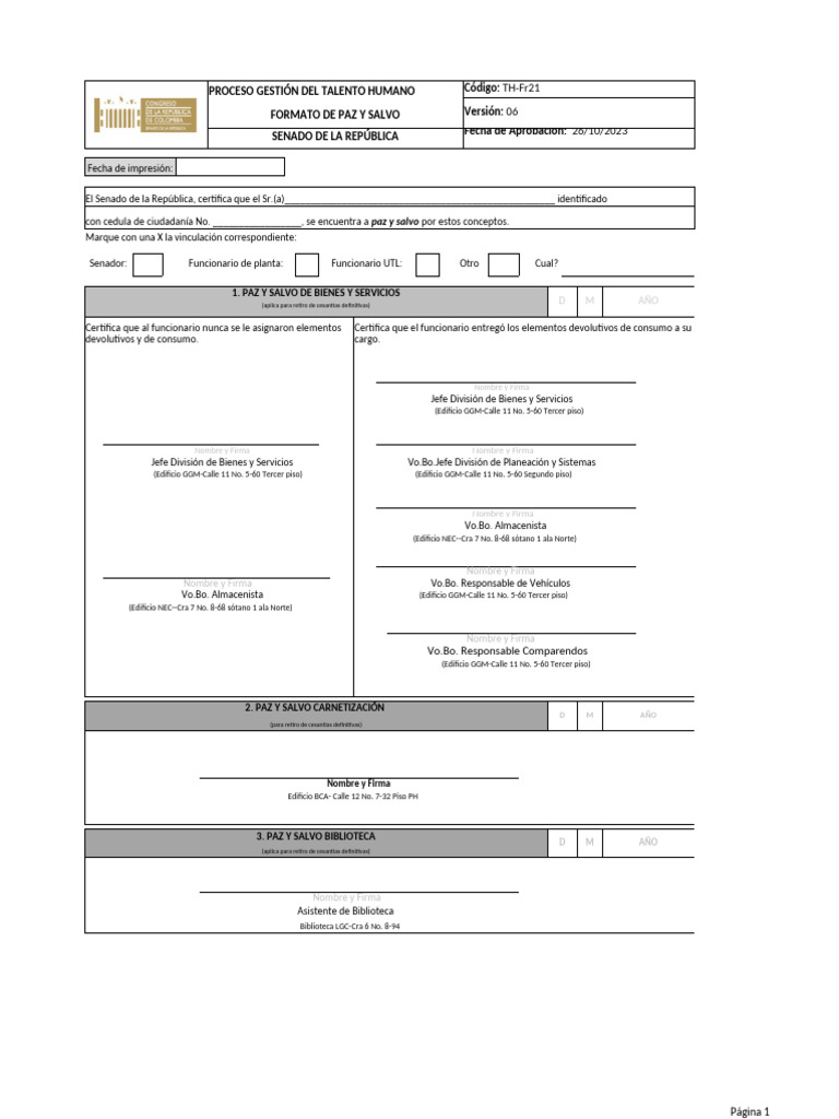 TH-Fr21 Formato de Paz y Salvo V06 | PDF