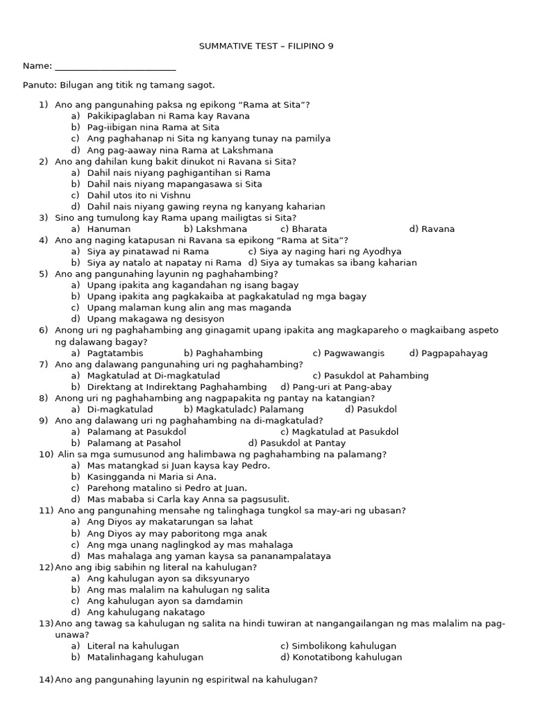 Filipino 9 Test | PDF