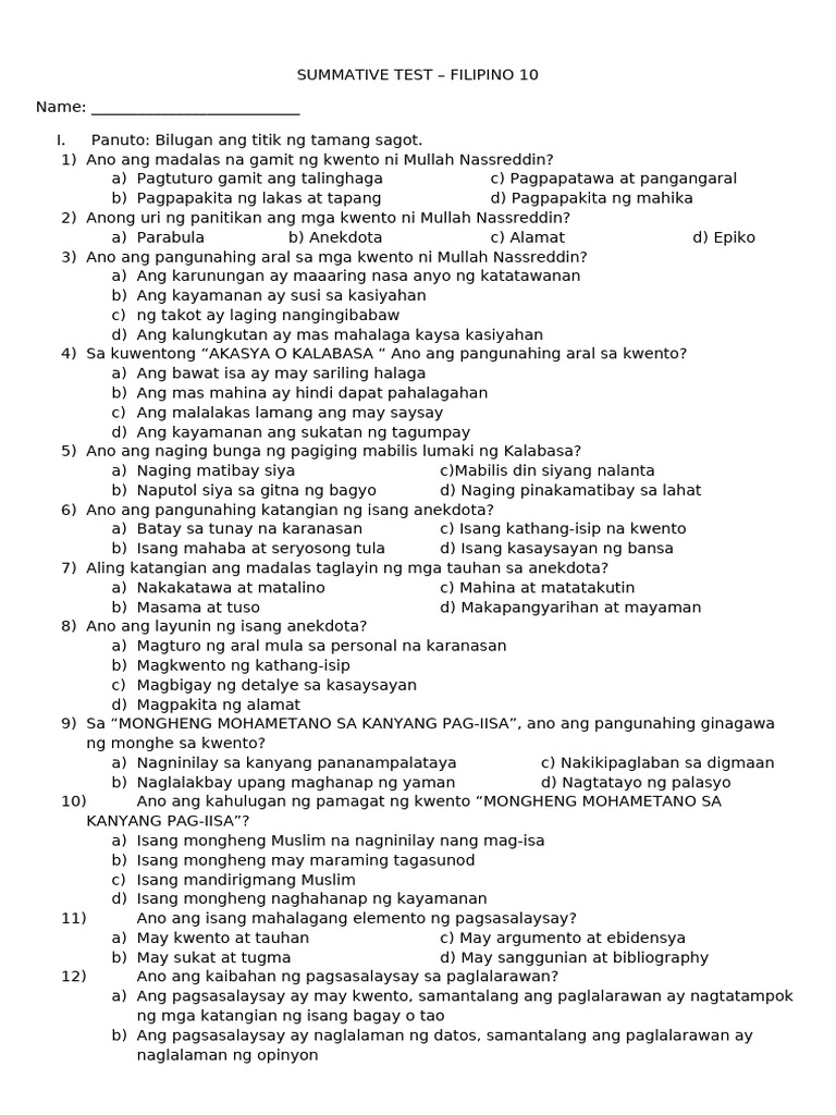 Filipino 10 Test | PDF