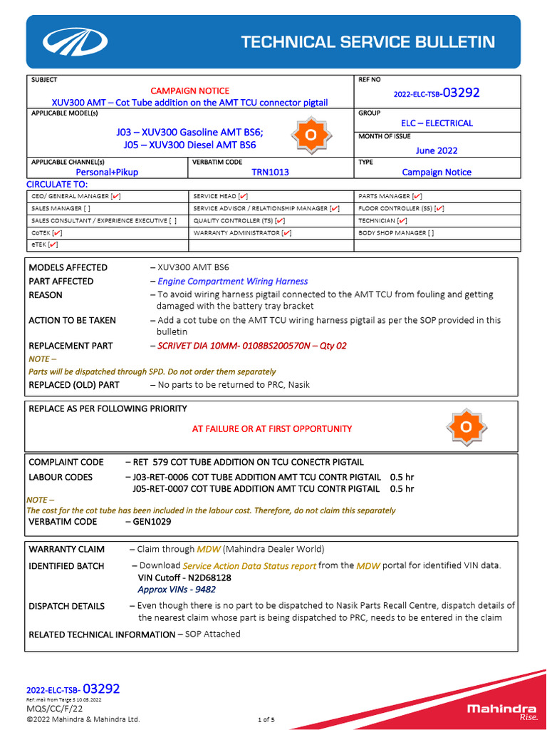 TSB 2022 ELC RET 03292 XUV300 AMT Campaign Cot Tube Addition on AMT TCU ...