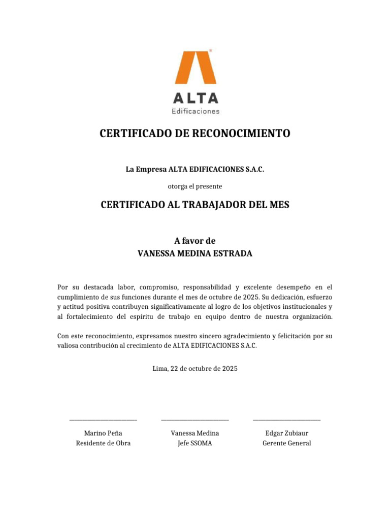 Certificado Trabajador Mes Vanessa Medina Estrada | PDF