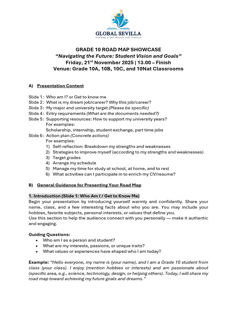Grade 10 Road Map Showcase Guidelines (21 November 2025) | PDF ...