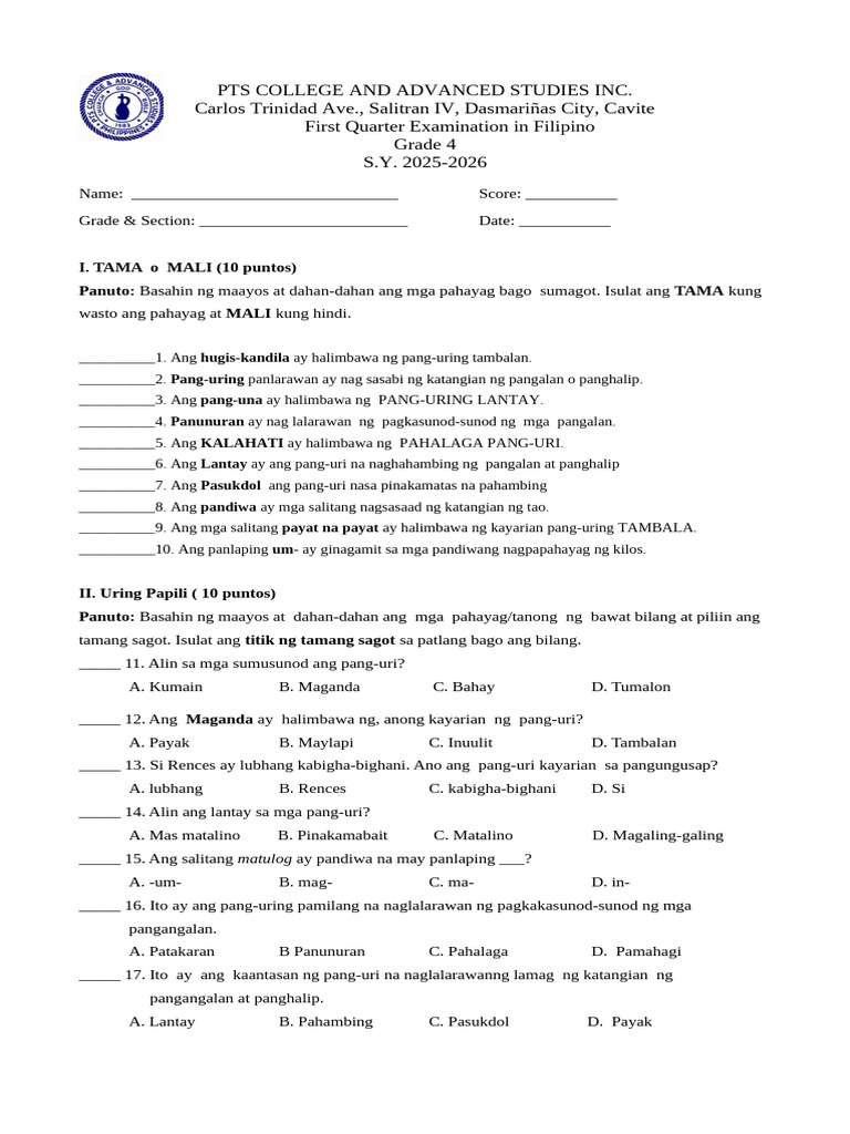 New Filipino Test 2nd | PDF