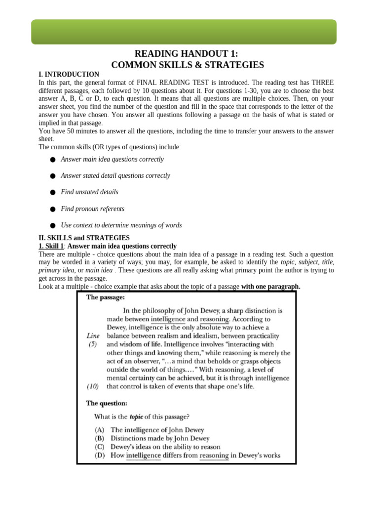 Reading Handout 1_Common Skills & Strategies | PDF | Multiple Choice ...