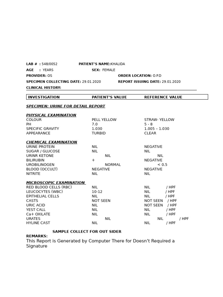 Urine Analysis Report for Khalida | PDF