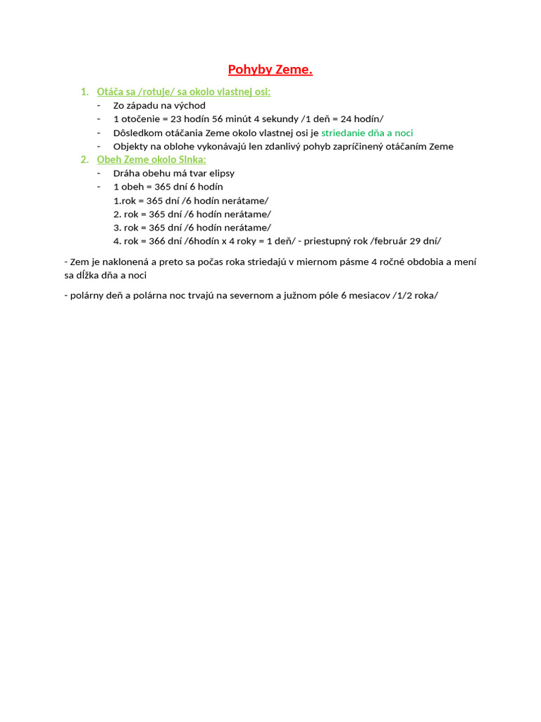 Pohyby Zeme - Poznámky 5.r. | PDF