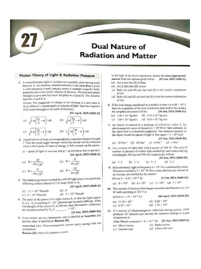 Dual Nature of Matter and Radiation Jee Mains | PDF