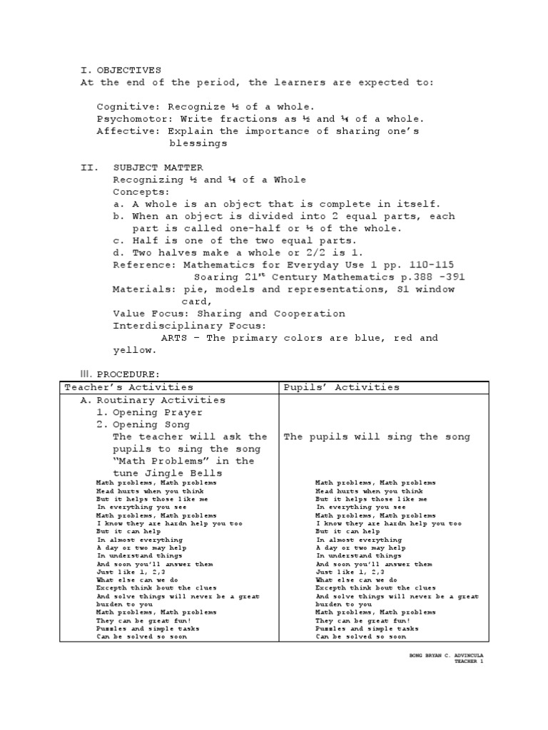 Grade 1 Recognizing and of A Whole | PDF | Lesson Plan | Teaching ...