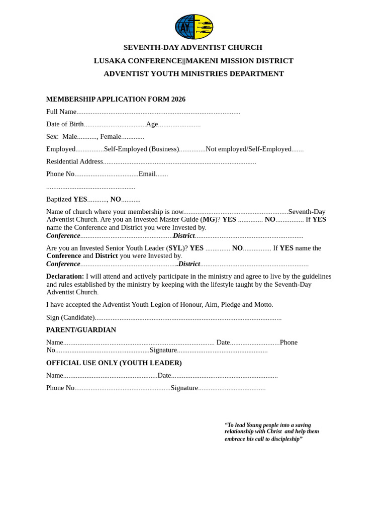 Adventist Youth Club Membership Form | PDF | Seventh Day Adventist ...