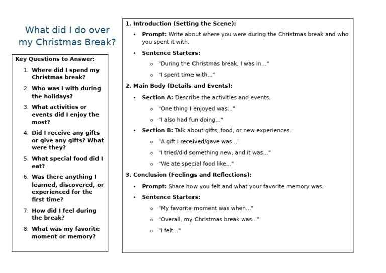 What Did I Do Over My Christmas Break Writing Task | PDF