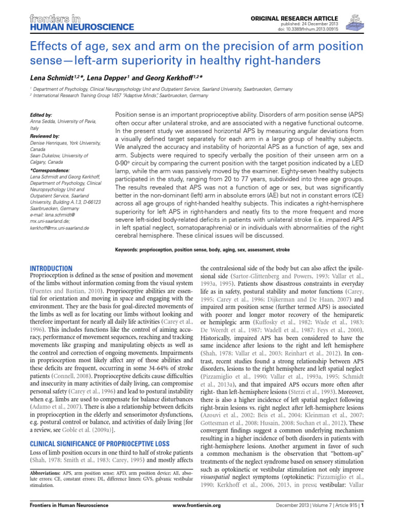 Arm Position Sense in Right-Handers | PDF | Anatomical Terms Of Motion ...
