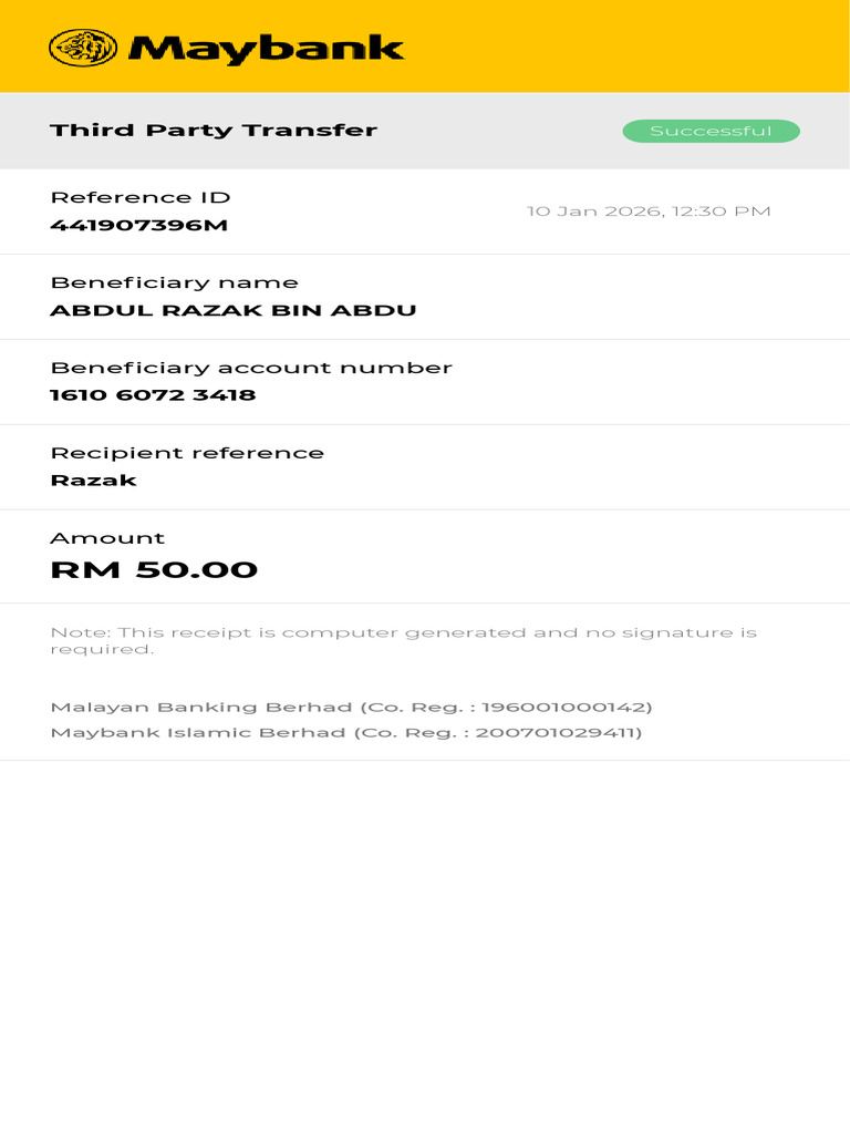 Third Party Transfer Receipt - RM 50.00 | PDF