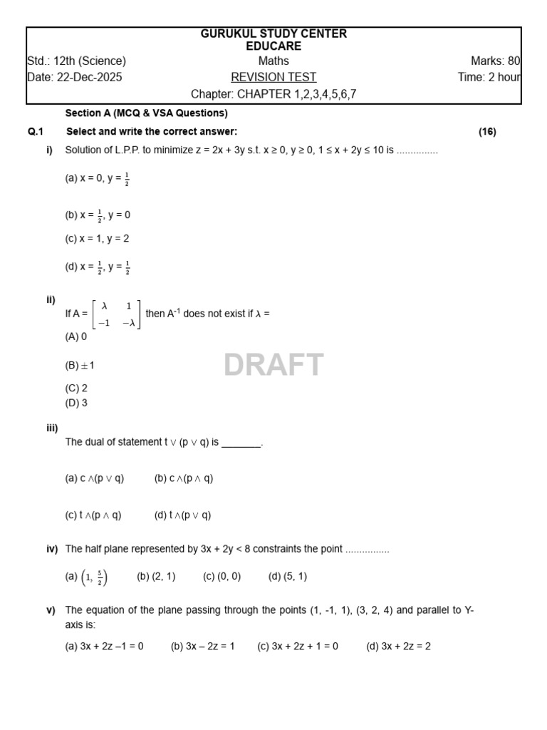 12th Science Maths Revision Test Guide | PDF | Standardized Tests | Tests